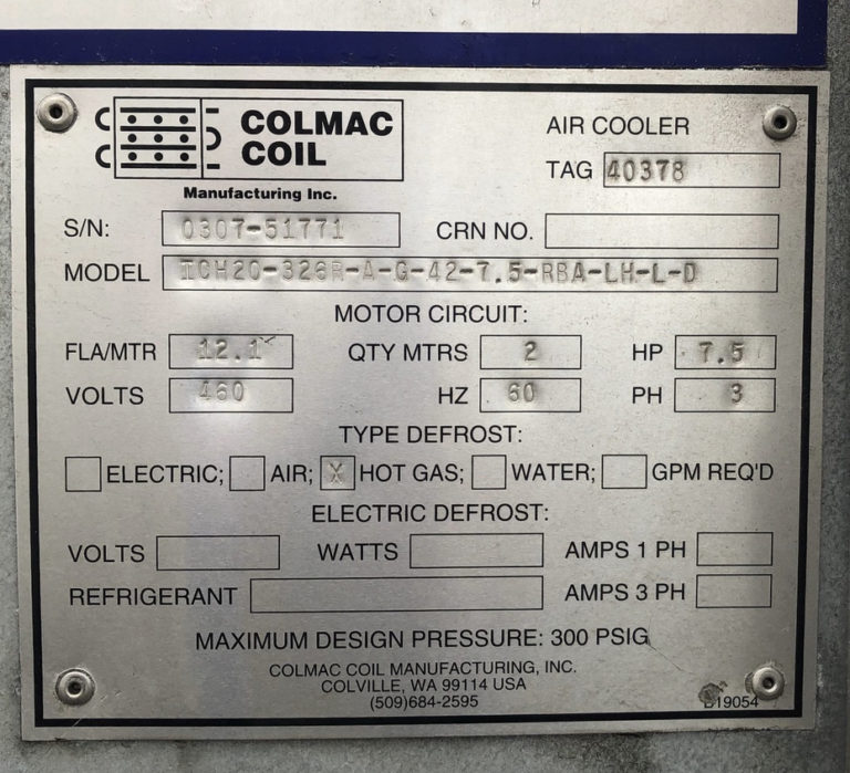 Ammonia Evaporator : Make – Colmac Coil : Size : 20 Ton : Style DX ...