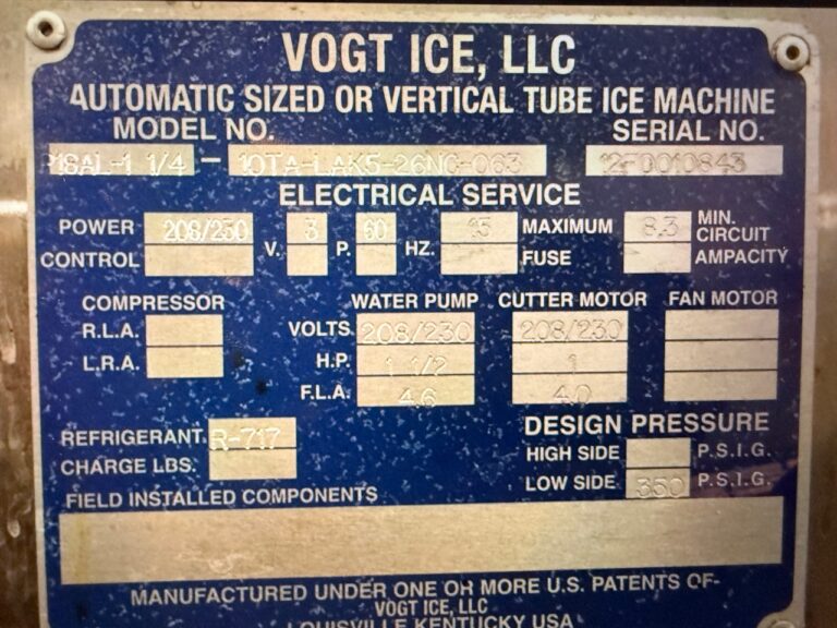 Vogt Ice machine P18AL for 1 14″ tube ice: Item#: IM87632 ...